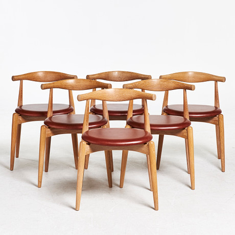 HANS J WEGNER. Stolar, 6 st, "CH20 Elbow Chair", för Carl Hansen, ek ...