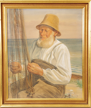 VILHELM E. TILLY. Fisherman tying net, pastel, signed VE Tilly. Art ...