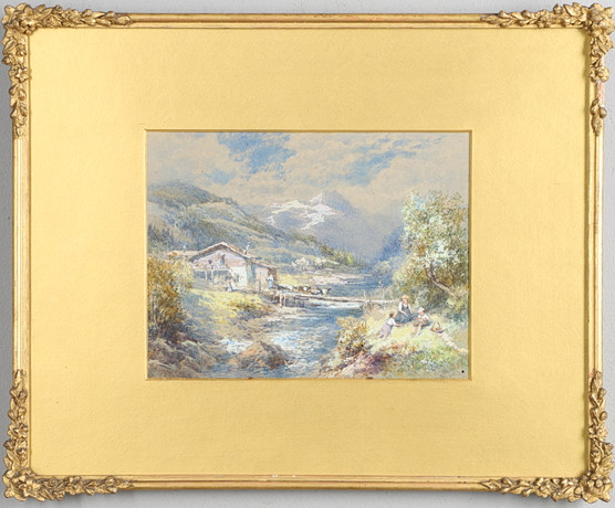 CHARLES ROWBOTHAM (1856-1921). FIGURES BY A RURAL FARMSTEAD NEAR LAKE ...