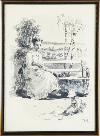 VICKE ANDRÉN (1856-1930). Kvinna med lekande barn, blandteknik ...