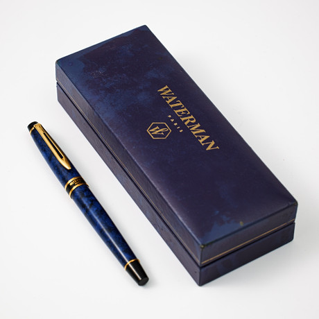 WATERMAN, fountain pen, marbling in black and blue, gilded details, pin ...