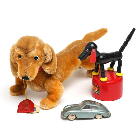 STEIFF dachshund Hexie, BRIO dog push toy and TEKNO Porsche. Toys ...