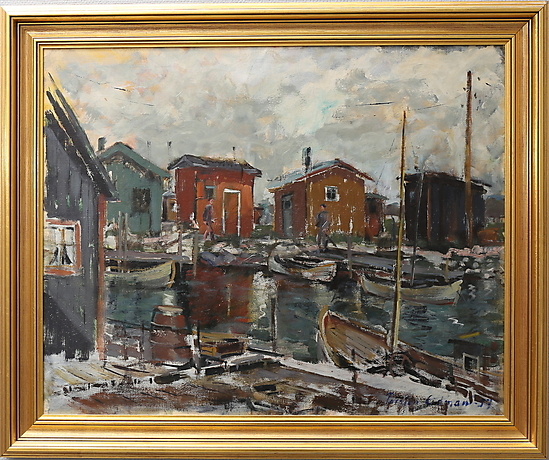 TORSTEN LIDMAN. Fiskeläge. Olja på duk, signerad och daterad -57. Konst ...