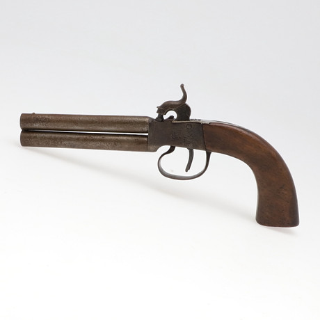 A 19TH CENTURY TWIN BARREL PERCUSSION PISTOL. Weapons & Militaria ...
