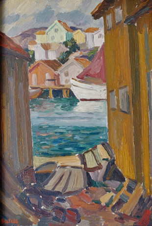 BERTELL. olja på pannå, "Mellan sjöbodarna", Grundsund, signerad. Konst ...