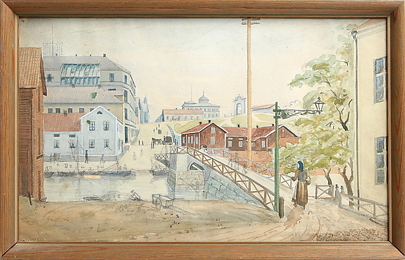 PER ÖSTERLUND. "Storbron i Sundsvall 1892", akvarell på papper ...