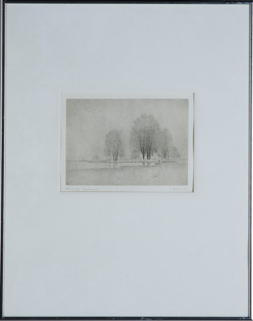 GUNNAR NORRMAN. "Spring fog", Composition with lake & tree, drypoint ...