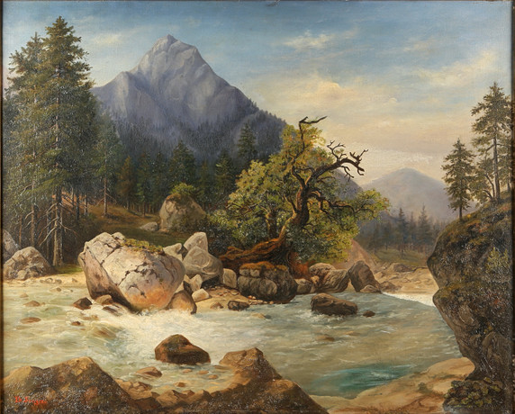 OKÄND KONSTNÄR, olja på duk, bergslandskap med flod, signerad Th Segner ...