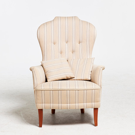 CARL MALMSTEN. Fåtölj, "farmor", textil klädsel, märkt O H Sjögren ...