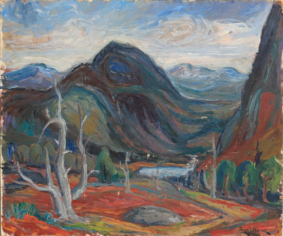 FRED JOHNSEN AARVIK. Paisaje con montañas, óleo sobre Tabla, firmado ...