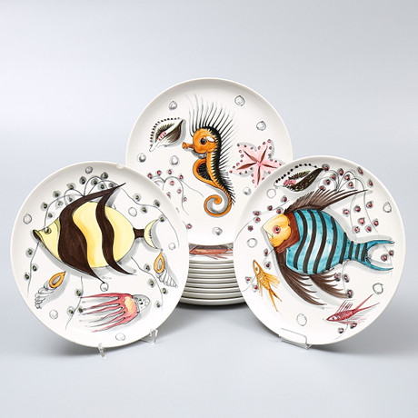 FISH and SHELLFISH PLATES, 12 pcs. porcelain, Mancioli, Italy. Ceramics ...