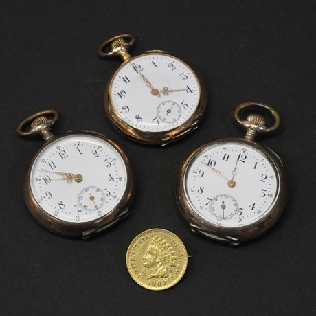 THREE WOMEN'S POCKET WATCHES, ONE IN GOLD, 14K AND GOLD-PLATED COIN ...