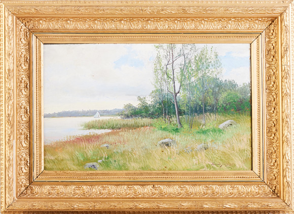 KONRAD SIMONSSON. Landskap med sjö, Olja på pannå, signerad Konrad ...