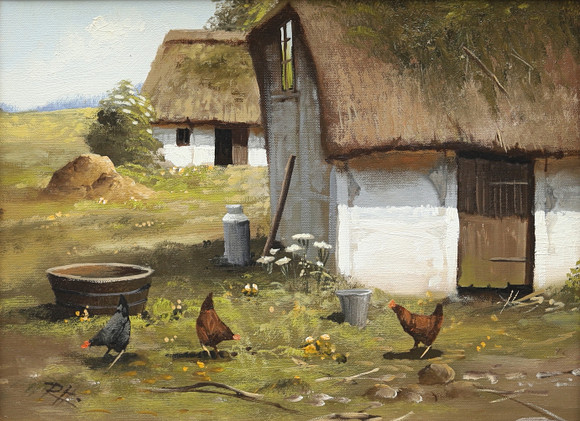 ROALD HANSEN (DANMARK, 1938-). Farm motif, oil on canvas, monogram ...