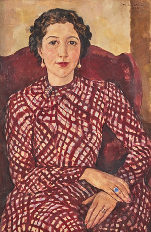 LOTTE LASERSTEIN. Kvinna i rutig klänning. Konst - Måleri - Auctionet