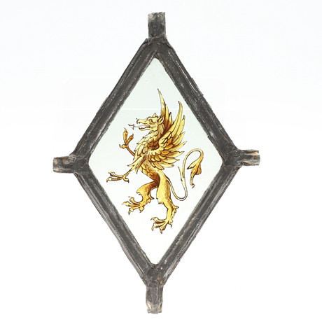 AN 18TH CENTURY LOZENGE SHAPED PAINTED AND STAINED GLASS PANEL. Glass ...