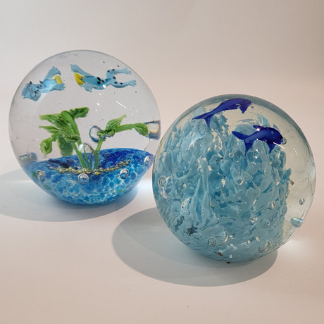 TWO "SEA FUND" PAPERWEIGHTS WITH GLASS FROGS AND FISH. Glass - Art ...