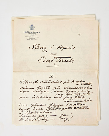 EVERT TAUBE MANUSKRIPT, Sång i april, 1946, 4 sidor. Böcker, Kartor ...
