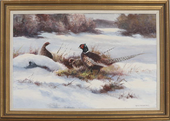 KNUT VALINDER. oil on canvas, signed, Pheasants in a winter landscape ...