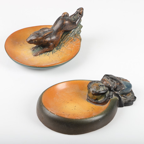 PLATE, 2 pieces with animals in relief, Ibsen's Widow, Denmark ...