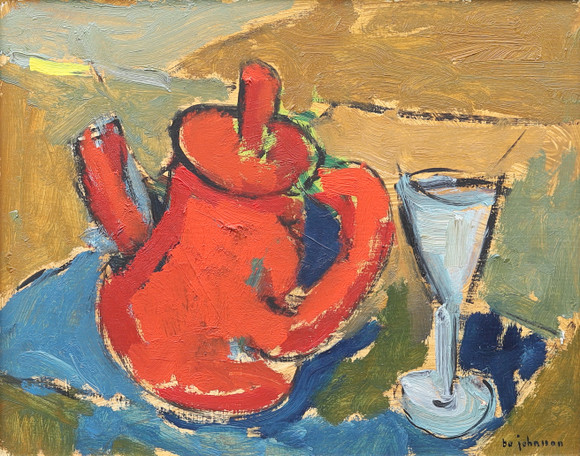 BO JOHNSSON (1920-1989). Stilleben med röd tekanna, olja på pannå ...