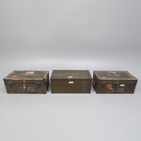 A GROUP OF THREE SECOND WORLD WAR GREEN PAINTED ARMY TRUNKS. Furniture ...