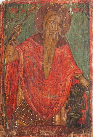 IKON, Grekland, helgonfigur med demon, olja på pannå. Konst - Måleri ...