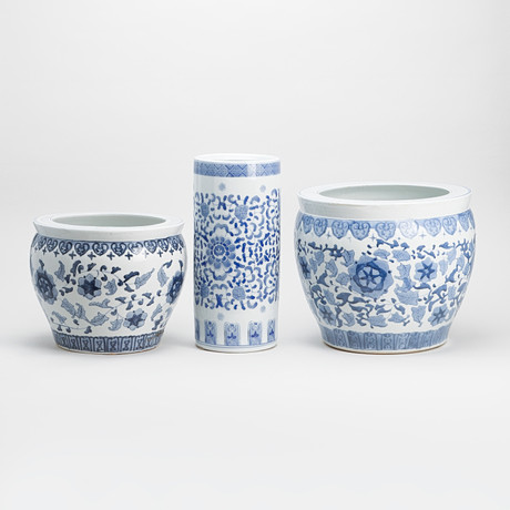 FISKBASSÄNGER OCH PARAPLYSTÄLL, 3 st, porslin, Kina 19/2000-tal ...