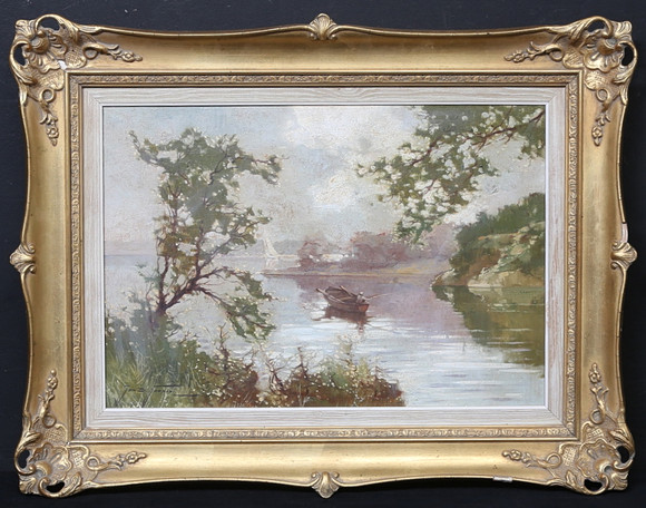 JAN B POSPISIL. Seascape with oak tree and sailboat. Oil on canvas ...