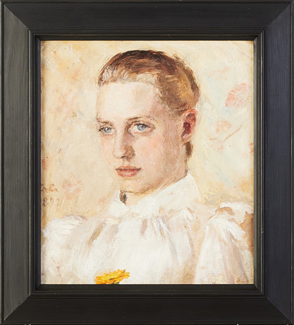 GUSTAVA GRÜNER (1870-1929). "Kvinna med ringblomma" olja på duk med ...