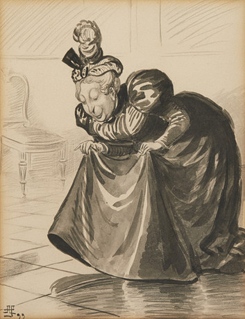 OIDENTIFIERAD KONSTNÄR. Caricature drawing, Tusch. Monogram signed and ...