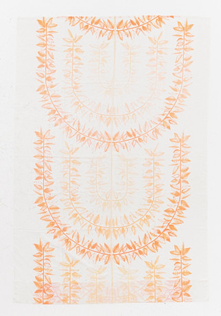 CURTAINS, 3 pcs, 1960s, pattern of orange leaf loops against a white ...