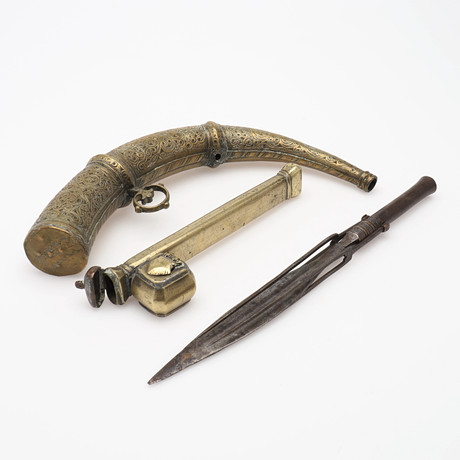 INDO-PERSIAN ANTIQUES, 3 PARTS, brass and steel, spearhead, writing ...