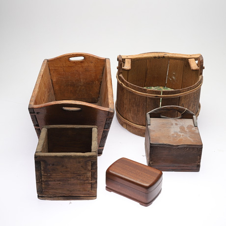 WOODEN OBJECTS, 5 pieces, including a trough and a lagg vessel, 18 ...