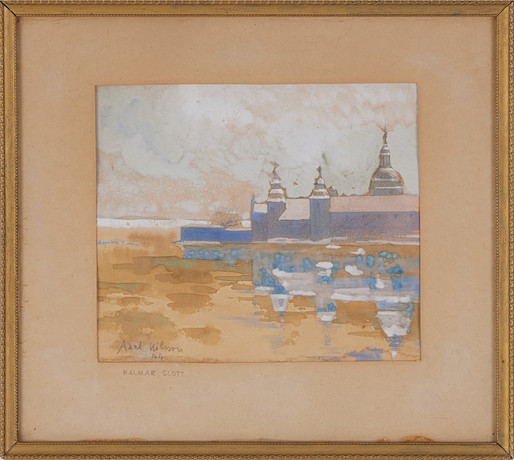 AXEL NILSSON. ''Kalmar slott'', blandteknik på papper, signerad och ...