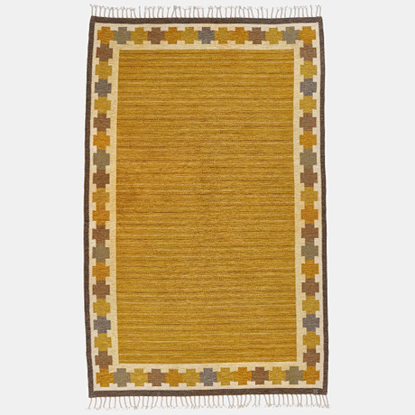 INGEGERD SILOW. Matta, rölakan, geometrisk bård i brunt, blått och gult ...