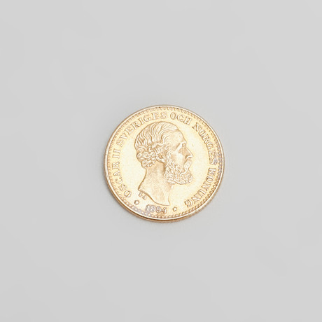 GOLD COIN, 10 kroner, Oscar II 1894. Weight approx. 4.5 grams. Coins ...