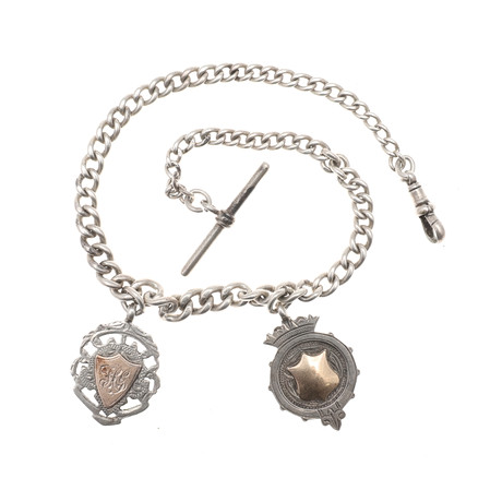 A SILVER WATCH CHAIN AND TWO FOBS. Silver & Metals - Silver - Auctionet