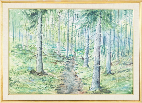 INGVAR ANDERSSON (1947). Forest path with birches, watercolour, signed ...