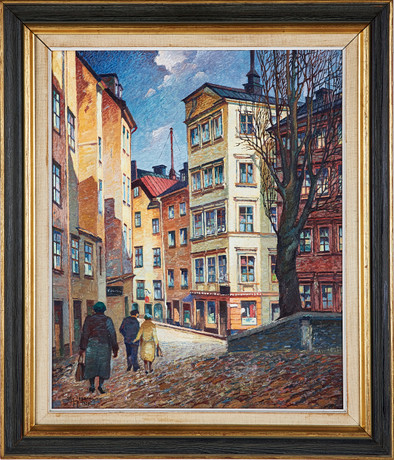 STIG JONZON. Stockholm, Gamla stan - Köpmantorget, oil on Board, signed ...