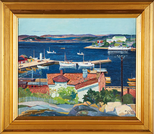 STIG JONZON. View of the southern harbor in Strömstad, oil on Board ...