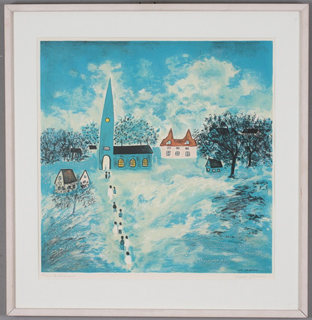 KARIN OLSSON. Kyrkan på söndag, handkolerad, litografi, signerad och numrerad 177/200. Konst ...