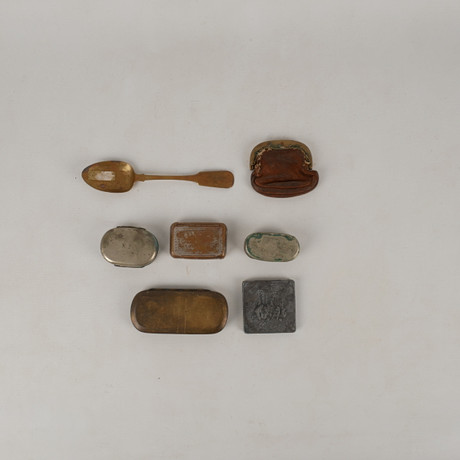 CALENDAR BOX, SNUFF BOXES, PURSE, SPOON. Mid-19th century ...