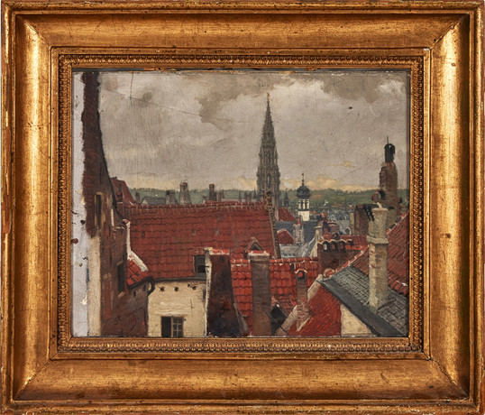 GEORG VON ROSEN. Utsikt över Rådhuset i Bryssel, olja på pannå, 27 x 35 ...
