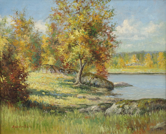 ANSHELM DAHL. Strandkant med träd, olja på duk, signerad. Konst ...