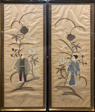 "Man and woman among flowers", pair of Chinese or Japanese embroidered ...
