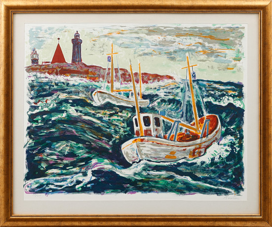 ALBIN AMELIN. "Fishing at Vinga", color lithograph, signed and numbered ...