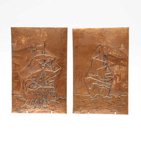 TWO IMPRESSED COPPER PANELS OF SHIPS. Silver & Metals - Pewter, Brass ...