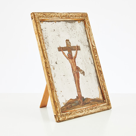 STAINED GLASS, 18th century, Christ on the cross. Rococo frame with ...