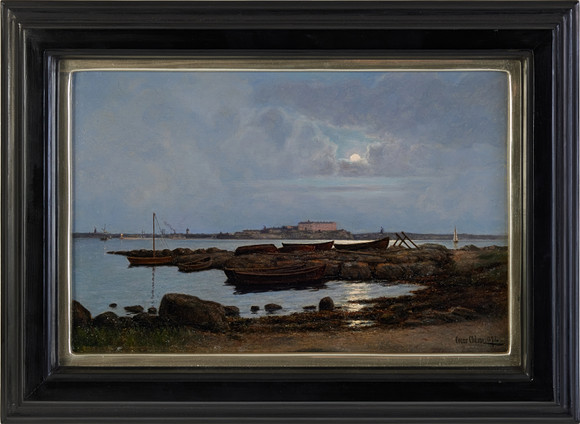 OSCAR OHLSON. Månskensnatt Marstrand, olja på pannå, signerad och ...